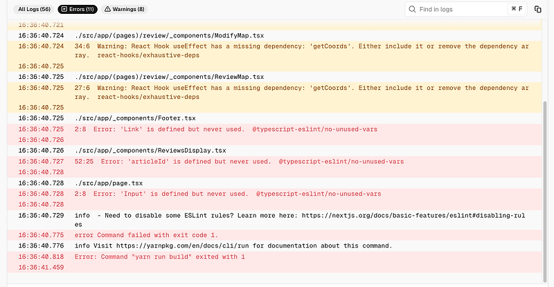 [TIL] Vercel 배포 오류 Error: Command "yarn run build" exited with 1