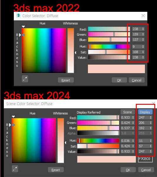 3ds max 2024 의 ColorPicker 의 색상 값이 변동하는 문제