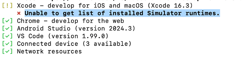 [Flutter] Mac M2 개발환경 셋팅하기 (Unable to get list of installed Simulator runtimes. 오류)