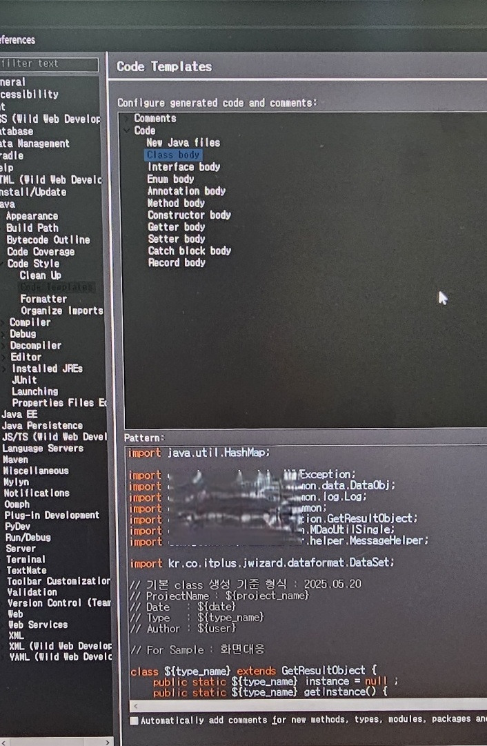 Eclipse Java Code Templates 생성 하는 방법?