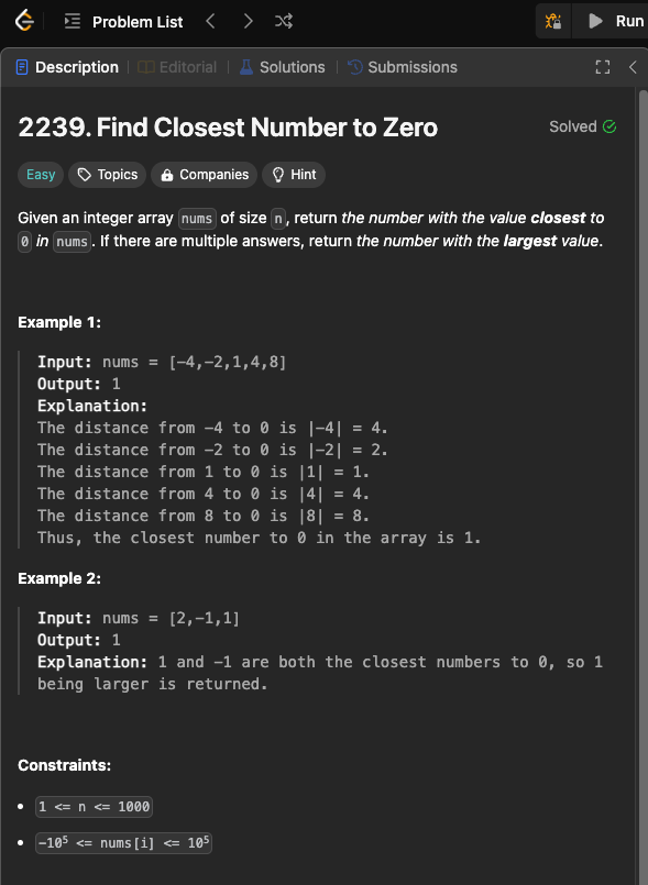 (간단한 코드)리트코드 2239. Find Closest Number to Zero