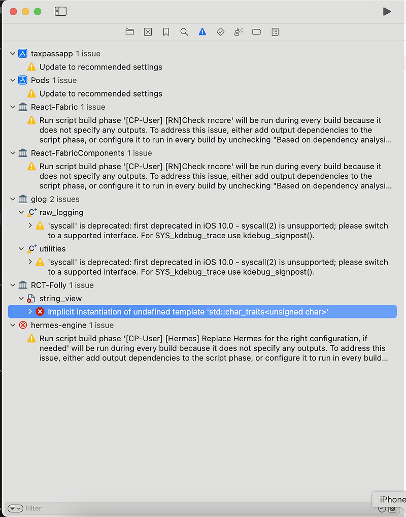 [react native_ ios 빌드 오류]Implicit instantiation of undefined template 'std::basic_string
