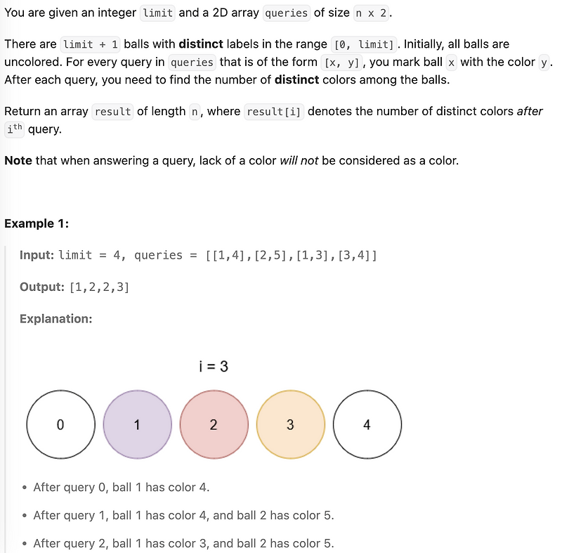 [LeetCode] 3160. Find the Number of Distinct Colors Among the Balls (Python)