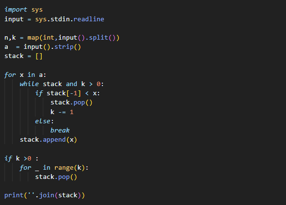 [백준 알고리즘] 2812번: 크게 만들기 (Python)