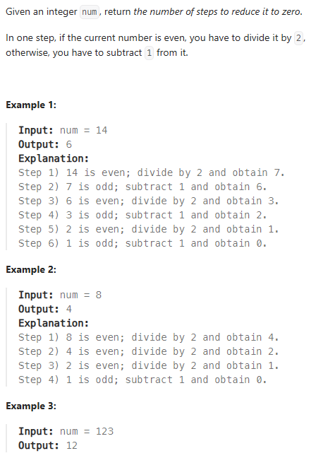 [Python] 1342. Number of Steps to Reduce a Number to Zero
