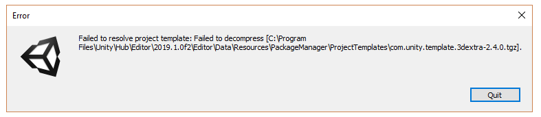 유니티 에러 : failed to resolve project template failed to decompress unity
