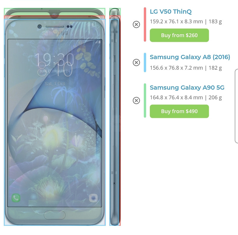 전화기 크기비교: 갤럭시A90, LG V50, 갤럭시A50, 갤럭시A8(2016)