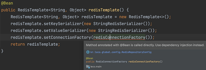 [Redis] Method annotated with @Bean is called directly. Use dependency injection instead.