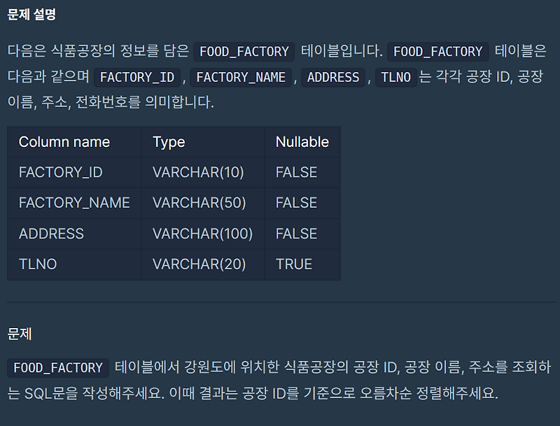 [프로그래머스] [MySQL] LV.1 강원도에 위치한 생산공장 목록 출력하기 (SELECT)