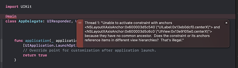 오류 Unable To Activate Constraint With Anchors 해결방법