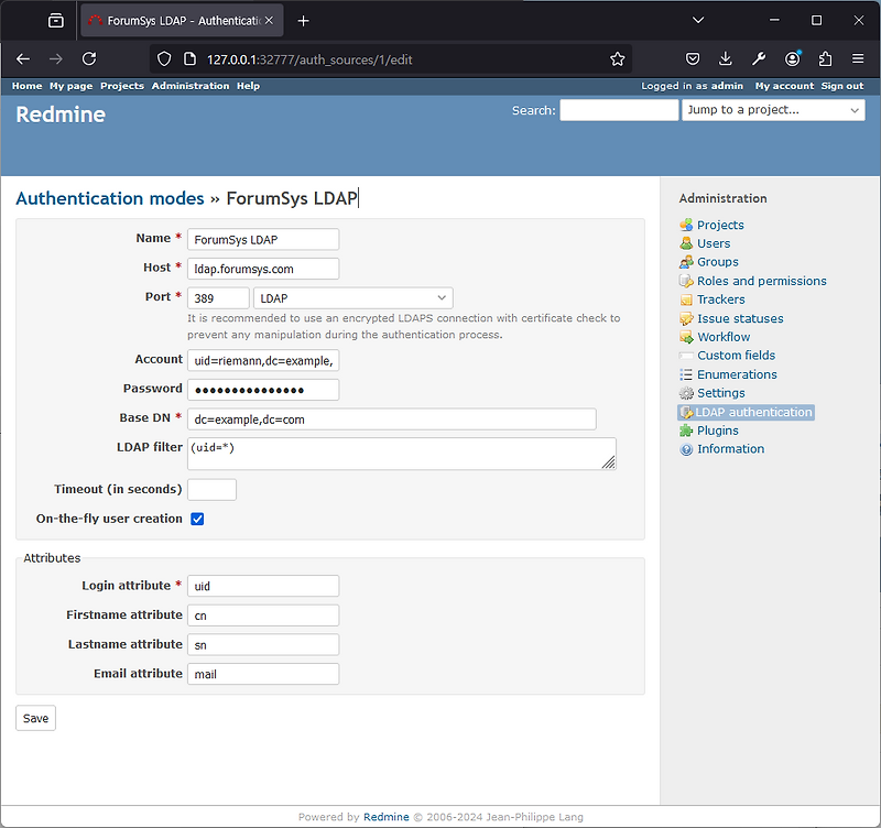redmine LDAP ldap.forumsys.com 연동방법