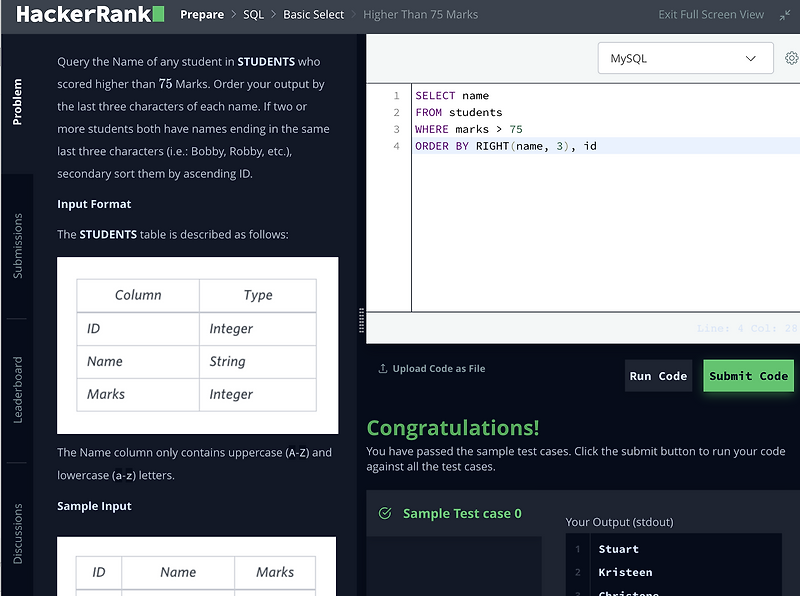 해커랭크 SQL 문제 풀이 & WEEK2