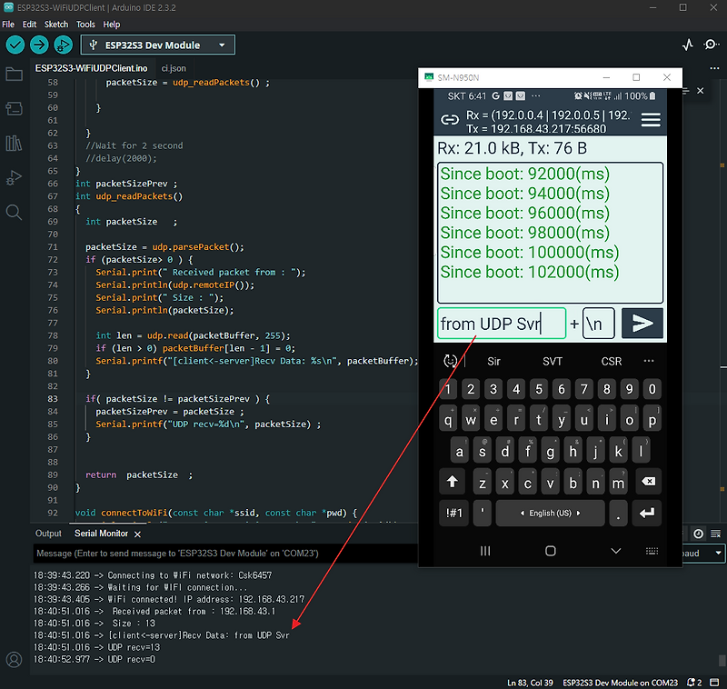 linux(ubuntu) windows , IoT , C#, java tip :: ESP32 UDP SEND_RECV example