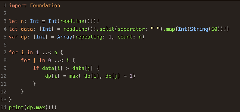 백준 11053: 가장 긴 증가하는 부분 수열 (DP / with Swift)