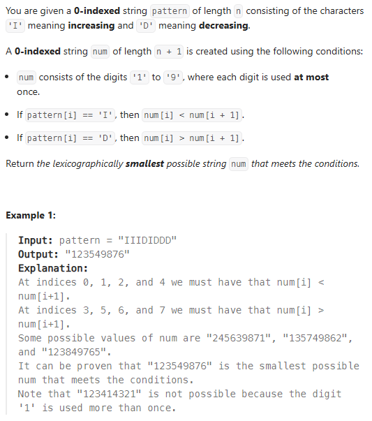 [Leetcode / Python] 2375. Construct Smallest Number From DI String