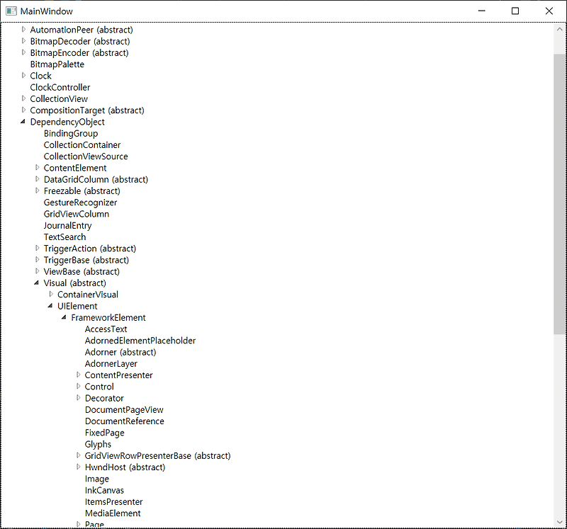 DispatcherObject를 상속받은 WPF의 모든 public 클래스를 트리로 보여주는 프로그램