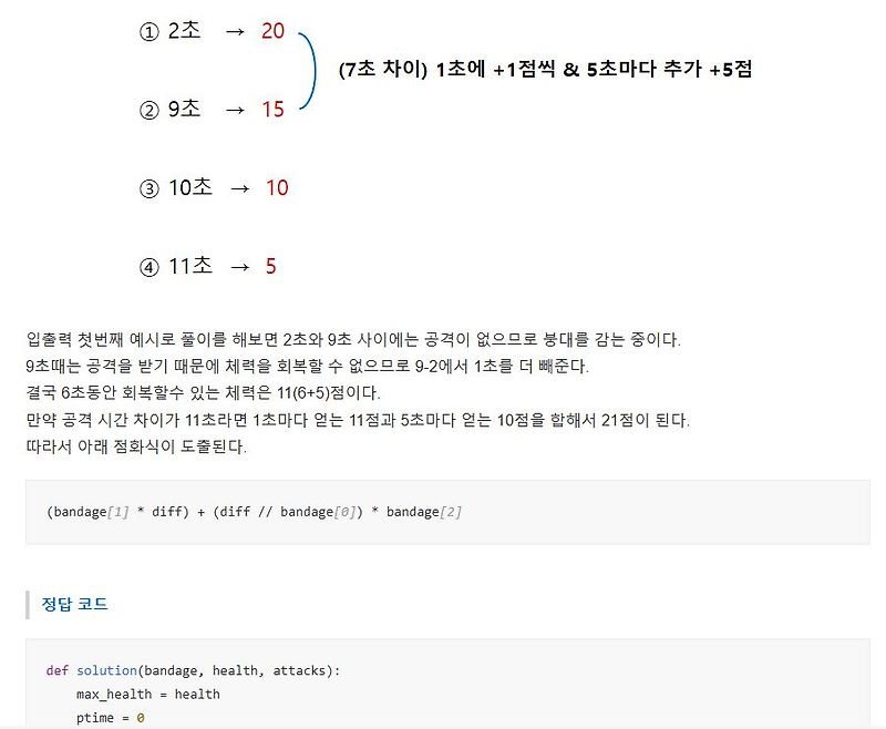 [프로그래머스/Python] PCCP 기출문제 1번 붕대감기 - 코딩테스트 — 하이야니's 스케치