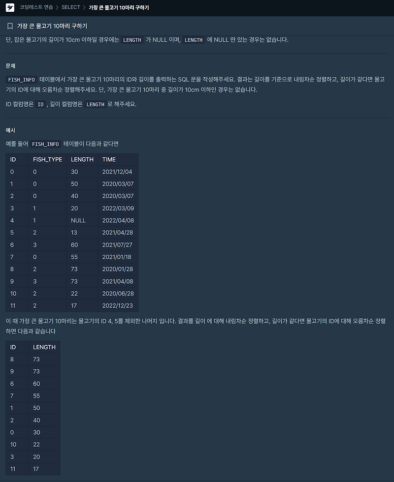[프로그래머스 SQL] Lv. 1 가장 큰 물고기 10마리 구하기