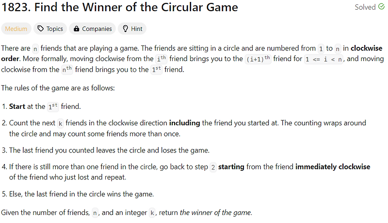 99클럽 코테 스터디 13일차 TIL: 스택/큐, Leetcode 1823. Find the Winner of the Circular Game :: ???: 스트레스는 할 ...