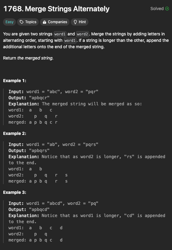 (간단한 코드)리트코드 1768. Merge Strings Alternately