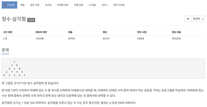 [알고리즘/DP] 1932번 : 정수 삼각형 - python — 코드테일