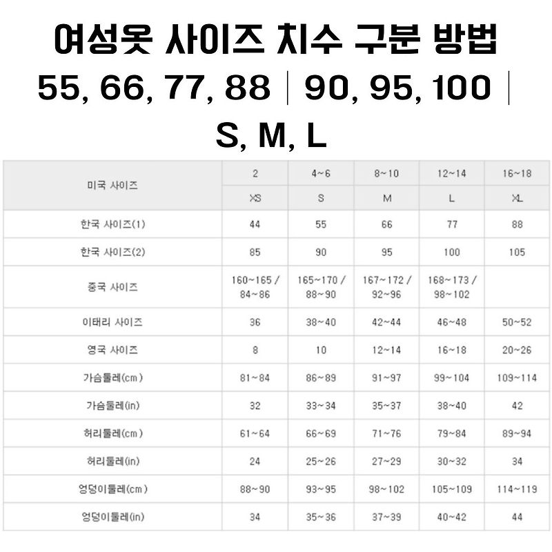 [여성옷 사이즈 치수 비교, 구분 방법] 55, 66, 77, 88│90, 95, 100│S, M, L