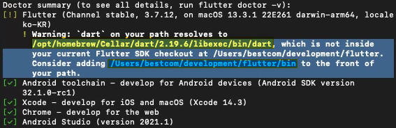[Flutter] dart on your path resolves to 오류 해결방법(dart경로 수정하기)