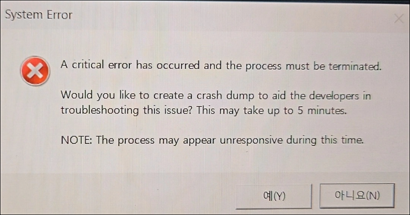 롤 System 에러 해결 "A critical error has occurred and the process must be terminated."