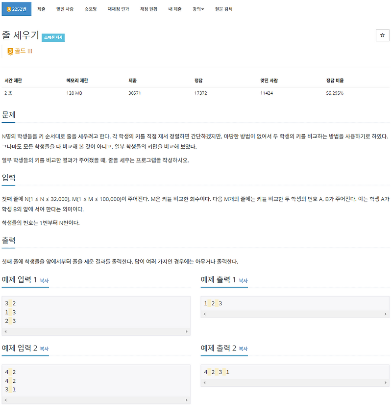 [Baekjoon] 2252번 : 줄 세우기 (Python, 위상 정렬)