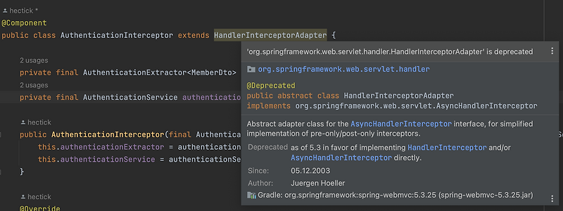 [Spring 스프링] HandlerInterceptorAdapter 말고 HandlerInterceptor