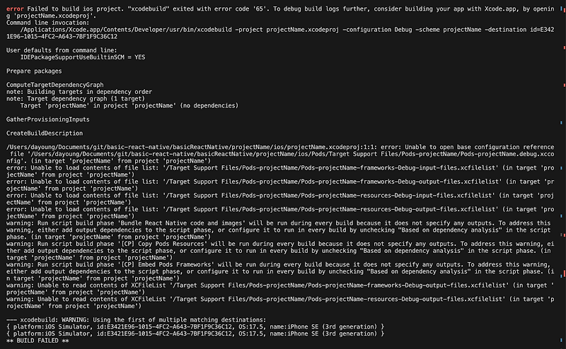 [React Native] Failed to build ios project. "xcodebuild" exited with error code '65'. To debug ...