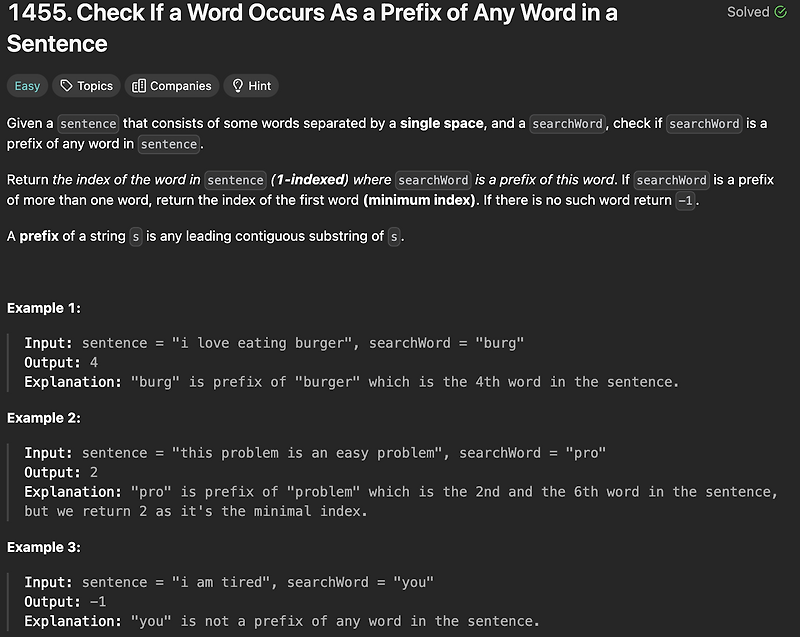 [Leetcode/String Manipulation] 1455. Check If a Word Occurs As a Prefix of Any Word in a Sentence