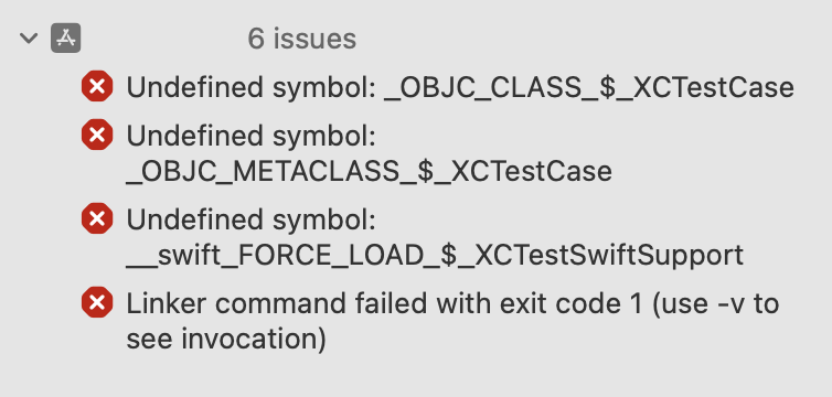 Undefined symbol: _OBJC_CLASS_$_XCTestCase
