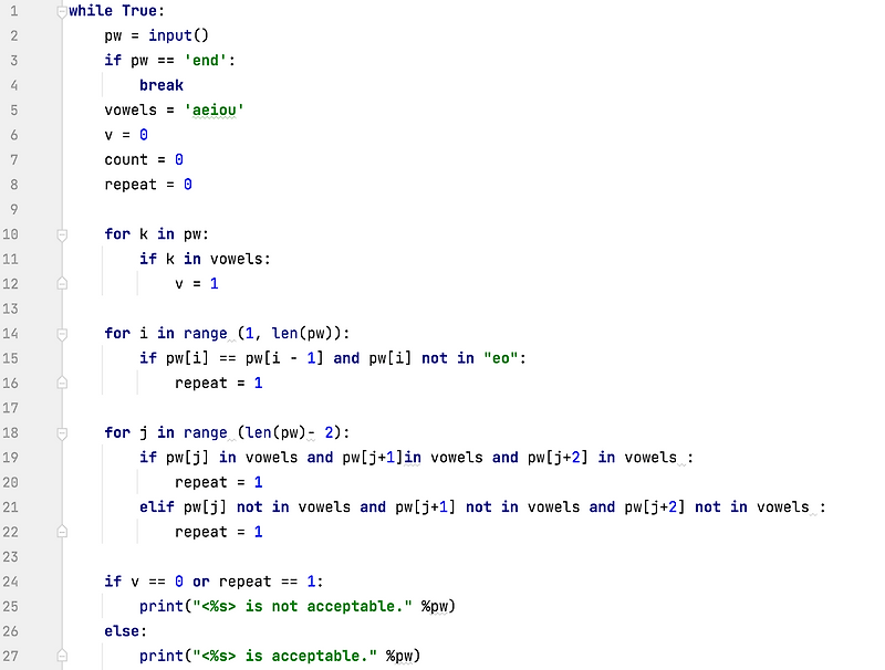 [백준/BOJ] 4659번 비밀번호 발음하기 / Python