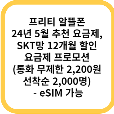 프리티 알뜰폰 24년 5월 추천 요금제, SKT망 12개월 할인 요금제 프로모션 (통화 무제한 2,200원 선착순 2,000명) - eSIM 가능