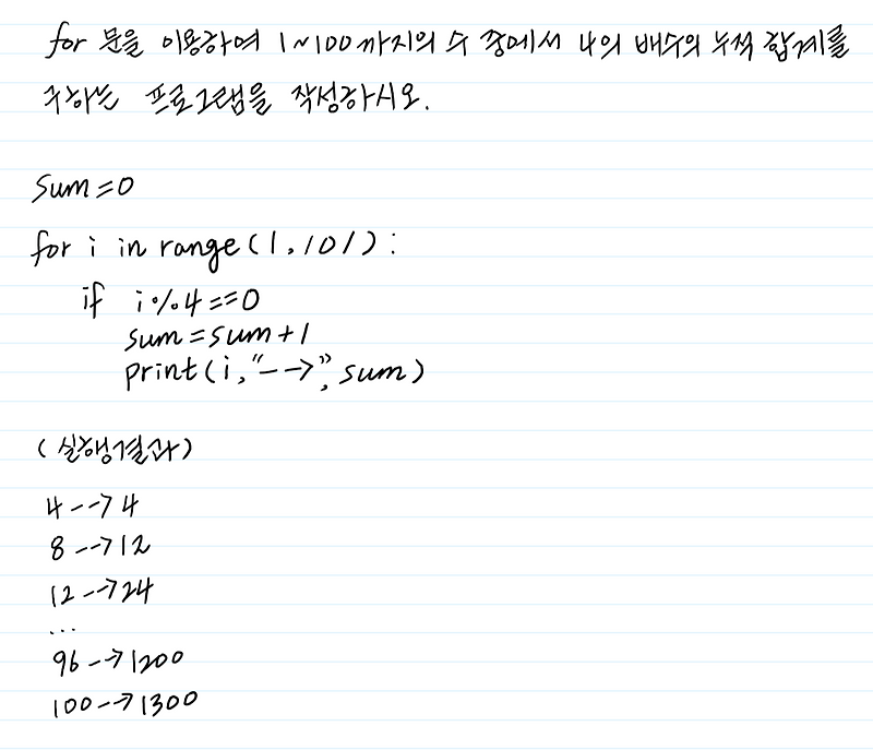파이썬 For 문을 이용하여 1~100까지의 수 중에서 4의 배수의 누적 합계를 구하는 프로그램 컴공손 글씨 노트