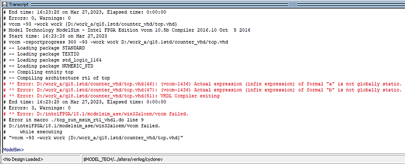 [ModelSim-IntelFPGA](vcom-1436) Actual expression (infix expression) of ...