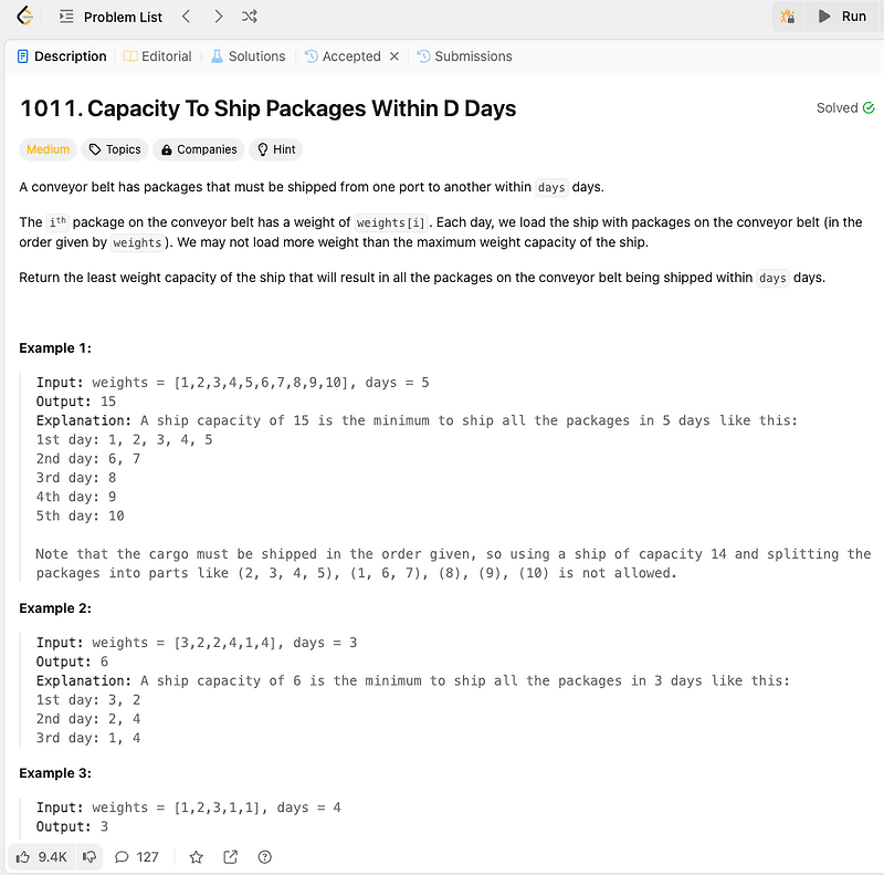 99클럽 코테 스터디 21일차 TIL, 이분법(Capacity To Ship Packages Within D Days)