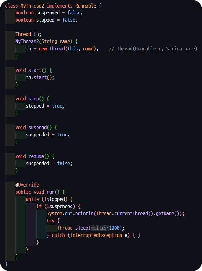 [JAVA][Thread]suspend() resume() stop(). 일시정지, 재개, 완전정지