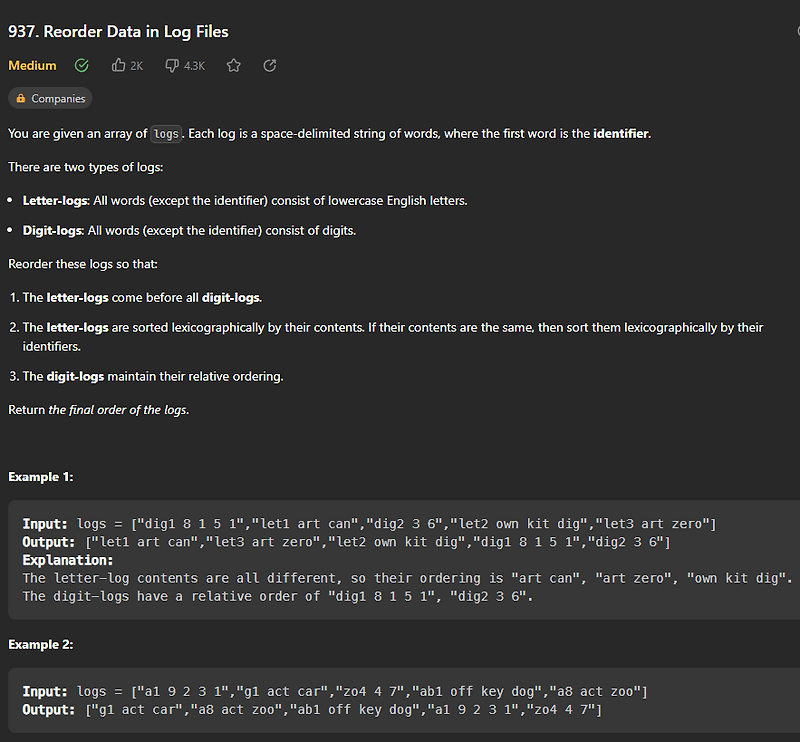 [LeetCode/리트코드] No.937, 로그 파일 재정렬(Reorder Data in Log Files) - Python
