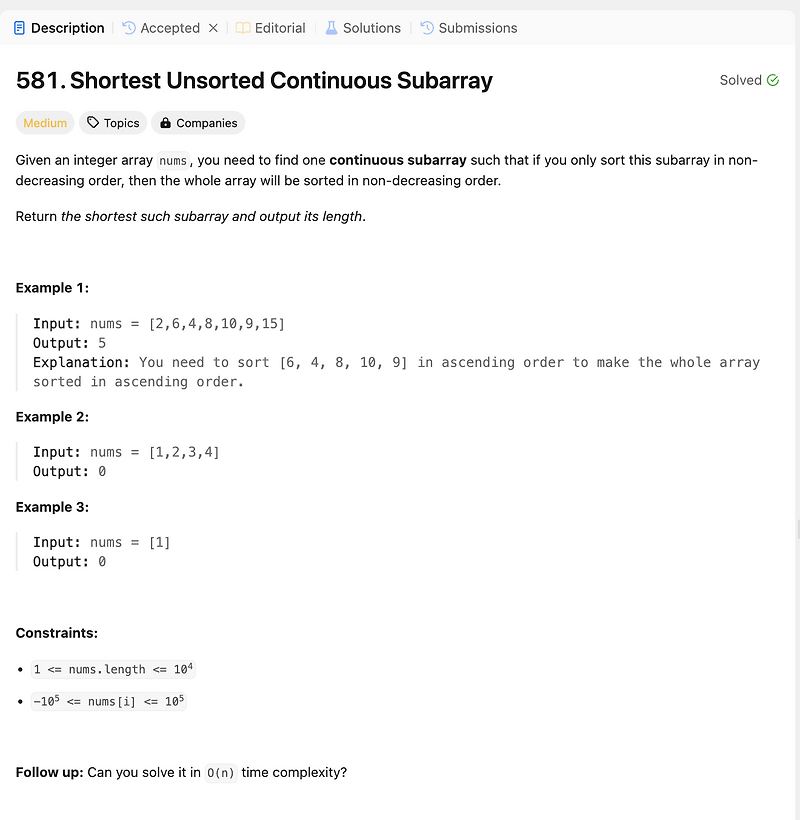 LeetCode (C/C++) 581. Shortest Unsorted Continuous Subarray