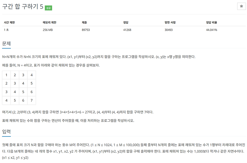 [JAVA] 구간 합 구하기 5 - 백준 11660번