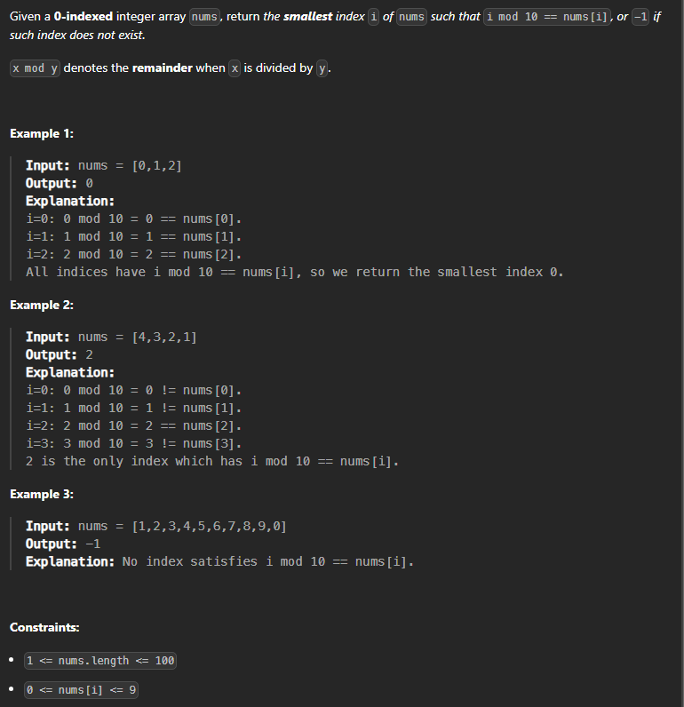 2057. Smallest Index With Equal Value