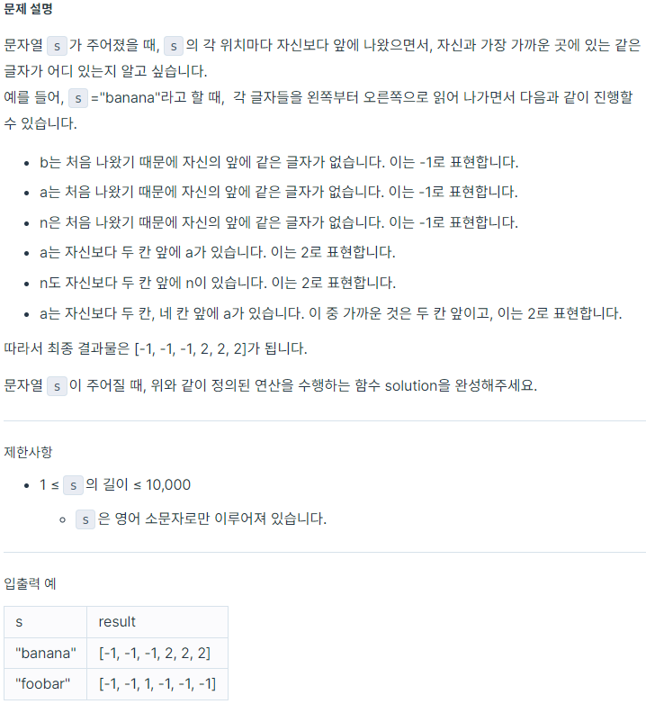 프로그래머스 Level 1 가장 가까운 같은 글자 Javascript 