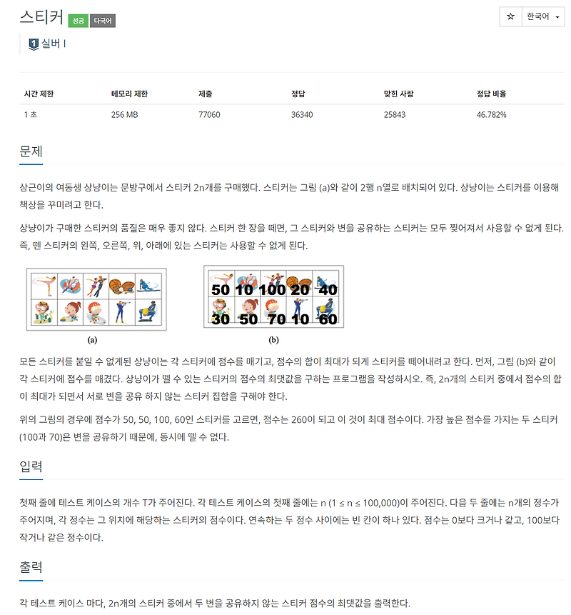 [Baekjoon 9465] 스티커 코드 및 설명 (C++)