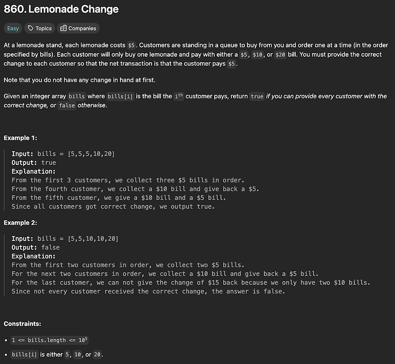 [Leetcode/Array, Greedy] 860. Lemonade Change