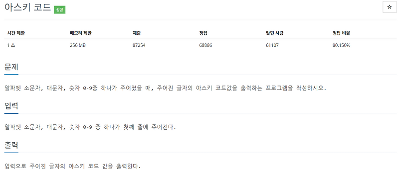 [백준/Java] 11654번 아스키 코드