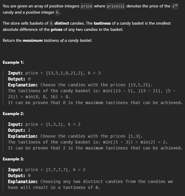 Leetcode 2517 Maximum Tastiness Of Candy Basket 