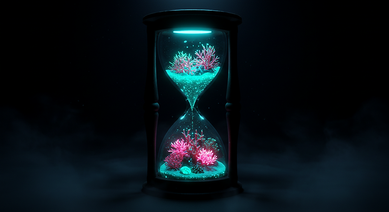 Floating Hourglass with a Glowing Coral Reef