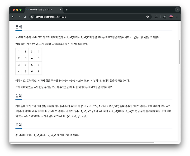 Algorithm 백준 11660번 구간 합 구하기 5 Swift — Swift Library 
